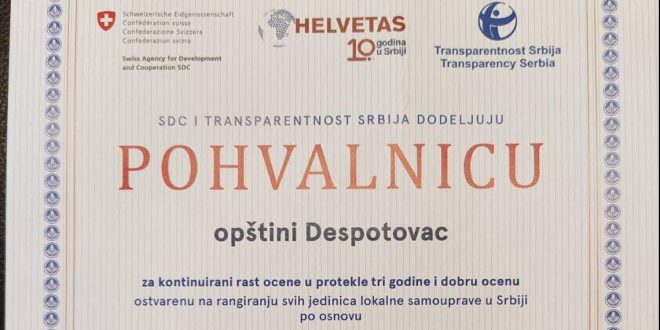 OPŠTINA DESPOTOVAC DOBILA POHVALNICU ZA UNAPREĐENJE TRANSPARENTNOSTI
